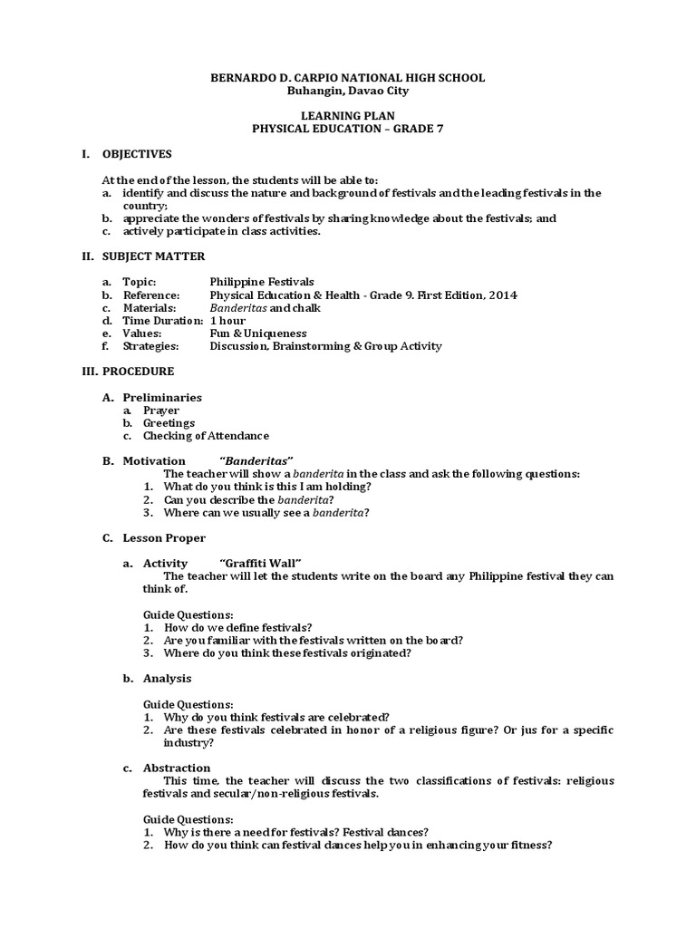 Grade 7 PE: Exploring Festivals | PDF