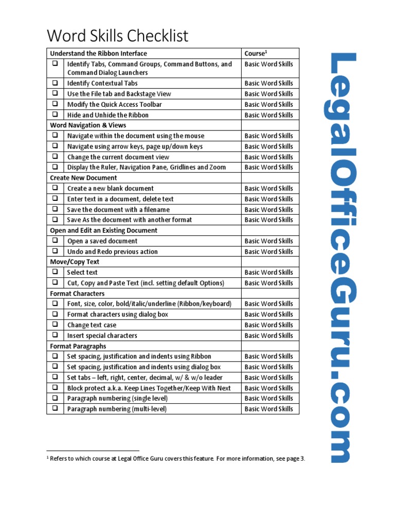 Word Skills Checklist | PDF | Microsoft Word | System Software