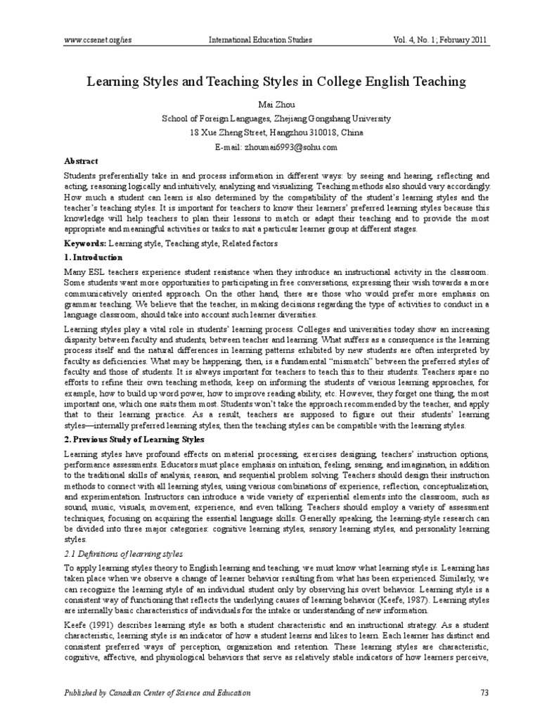 Learning Styles and Teaching Styles in College English Teaching | PDF ...