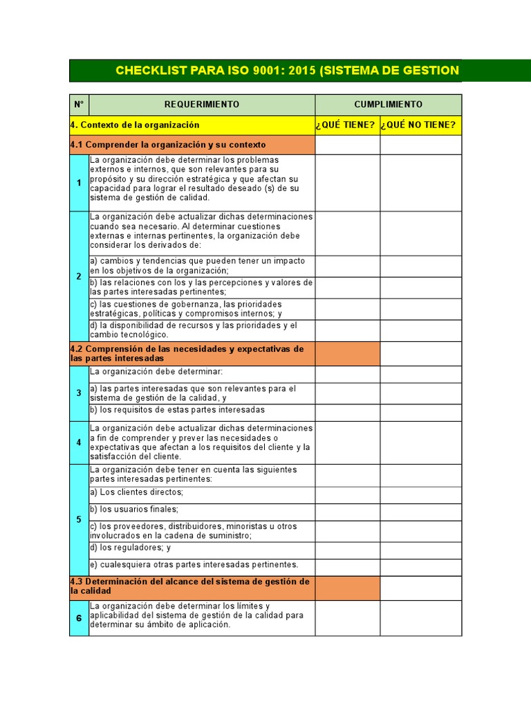 Check List Iso 9001 2015 | Gestión de la calidad | Calidad (comercial ...