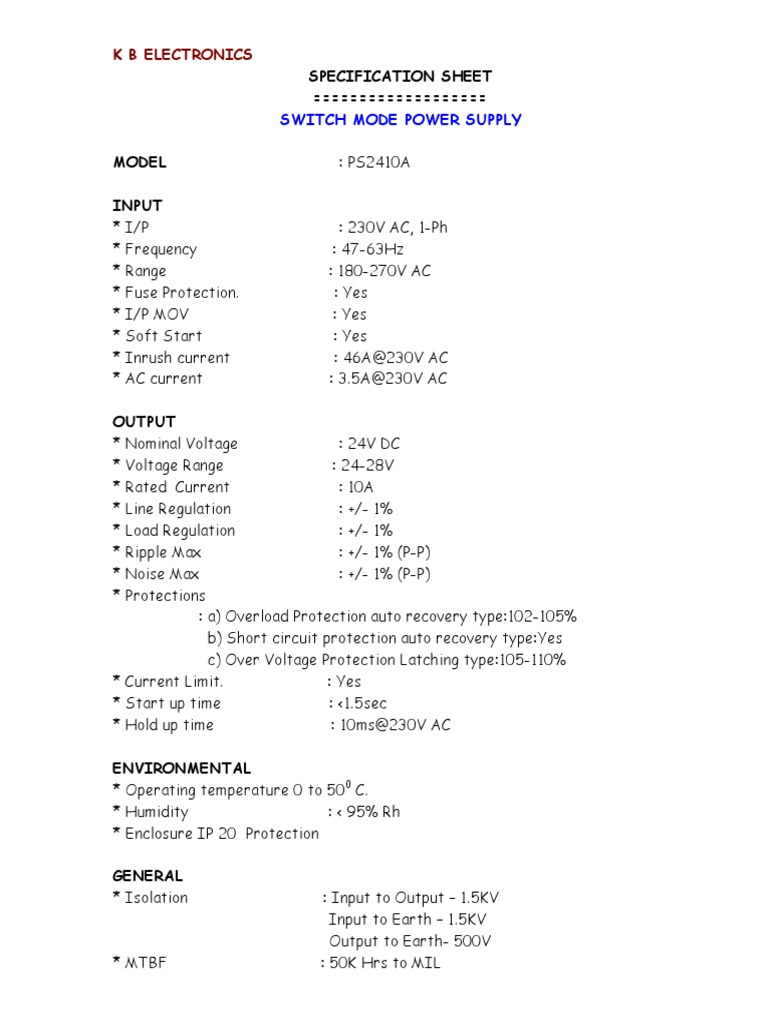 Specification Sheet : K B Electronics | PDF