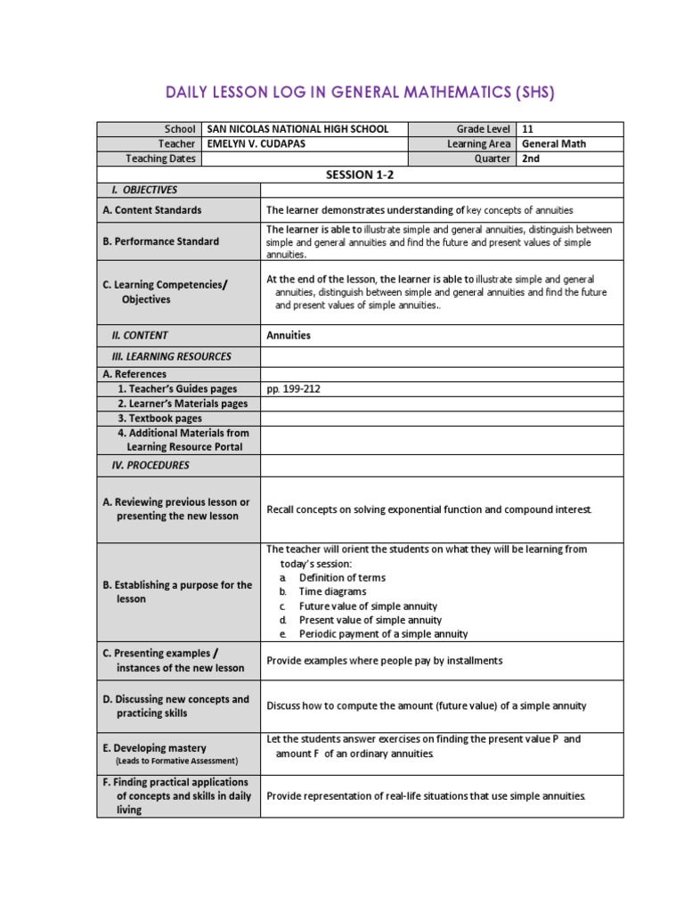 DLL Gen Math Ems Annuities | PDF | Function (Mathematics) | Logarithm