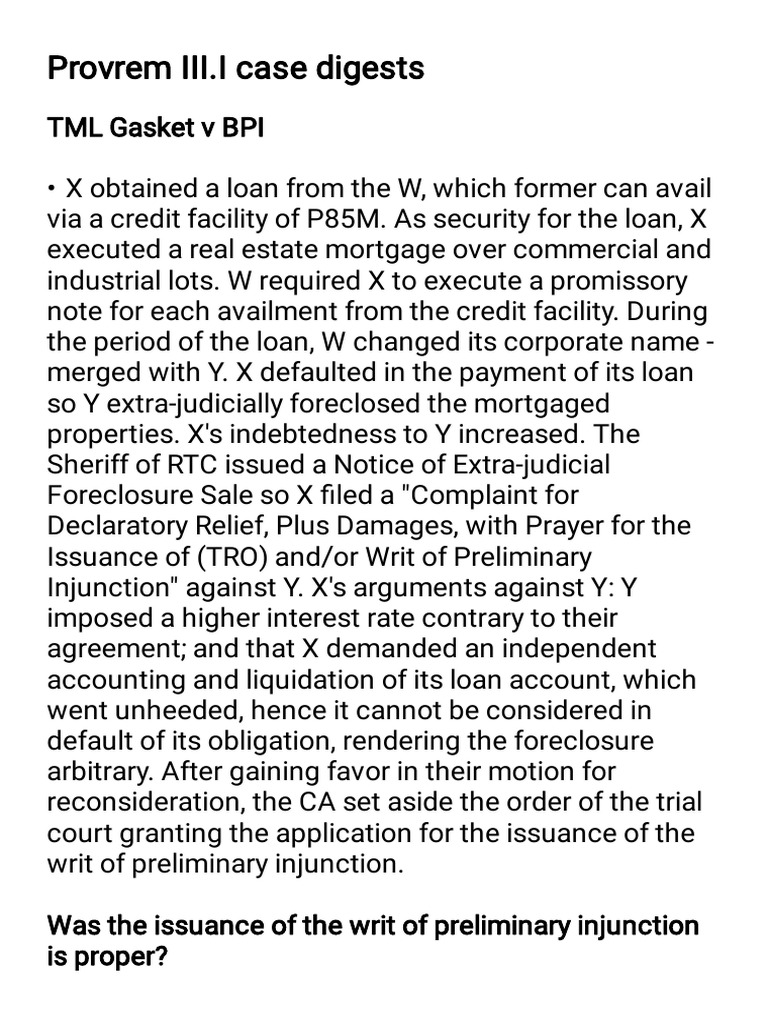 Provrem III.I Case Digests | PDF | Foreclosure | Injunction