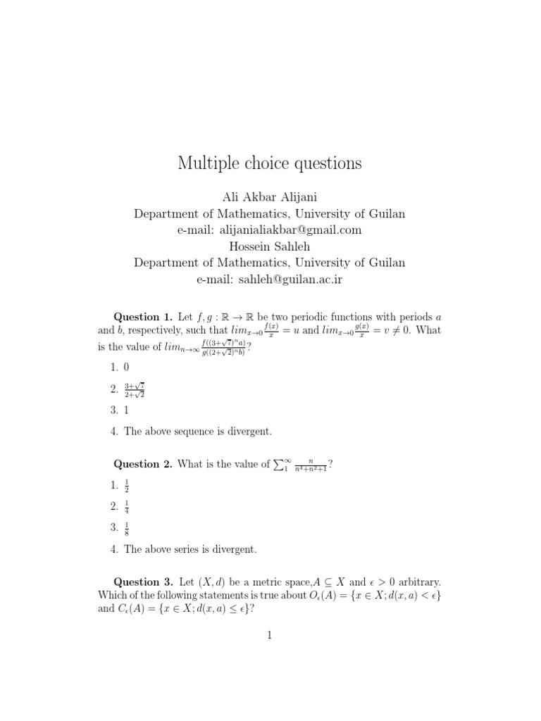 Mathematics MCQs with Answers | PDF | Continuous Function | Metric Space