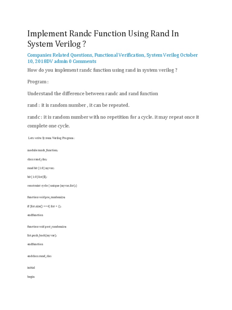 Implement Randc Function Using Rand In System Verilog Pdf Class Computer Programming