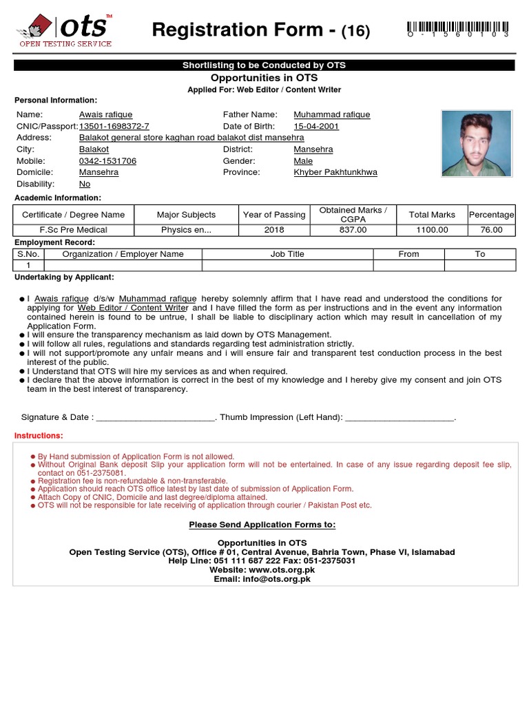 Registration Form - : Opportunities in OTS | PDF | Receipt | Banks