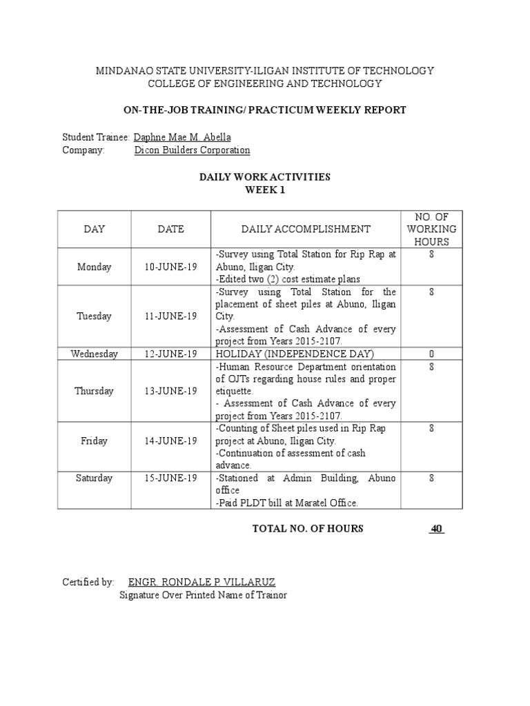 On-The-Job Training/ Practicum Weekly Report | PDF