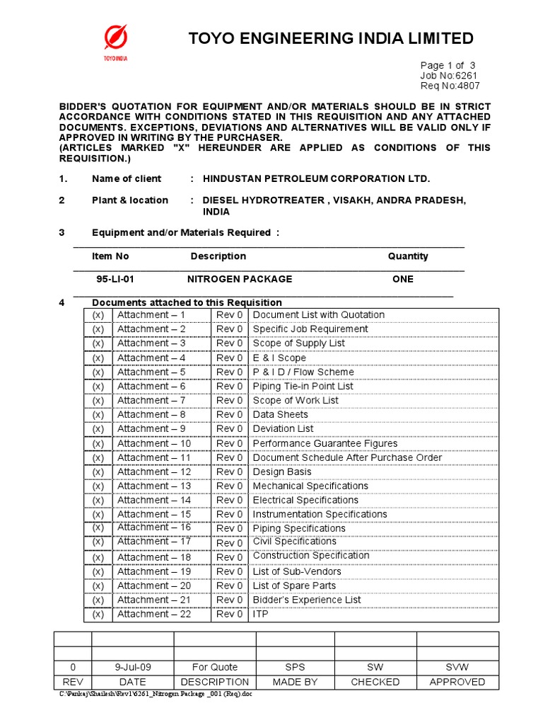 Nitrogen Package Equipment Requisition | PDF | Specification (Technical ...