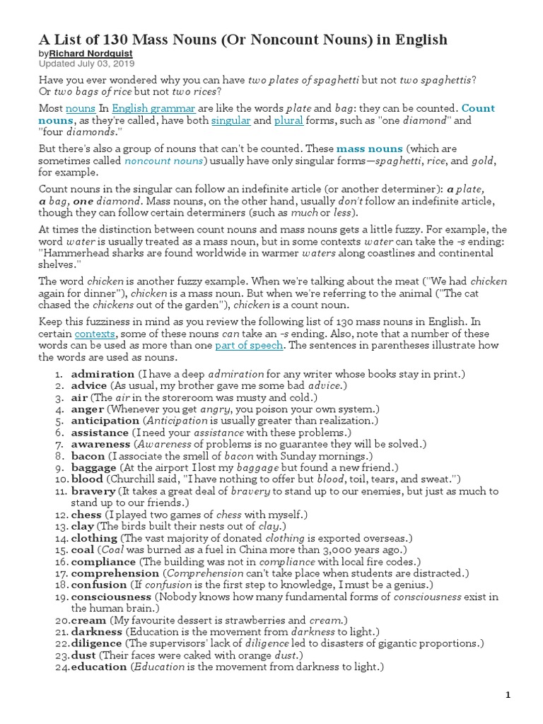 130 Examples of Mass Nouns in English | PDF | Noun