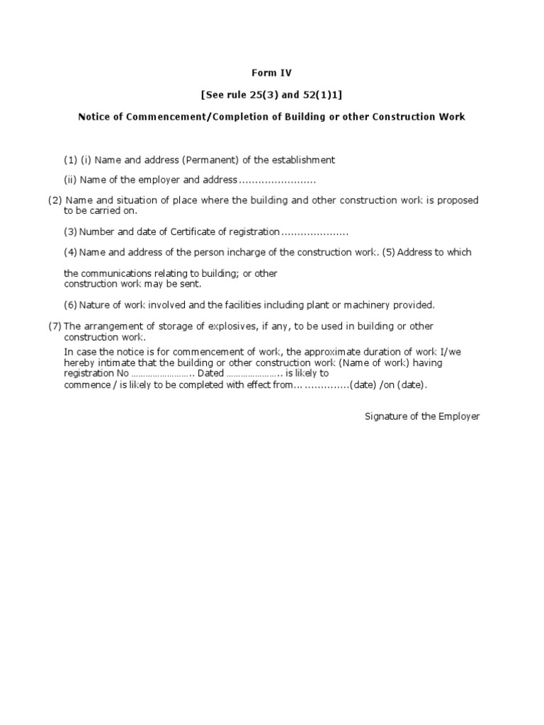 Form IV (See Rule 25 (3) and 52 (1) 1) Notice of Commencement ...