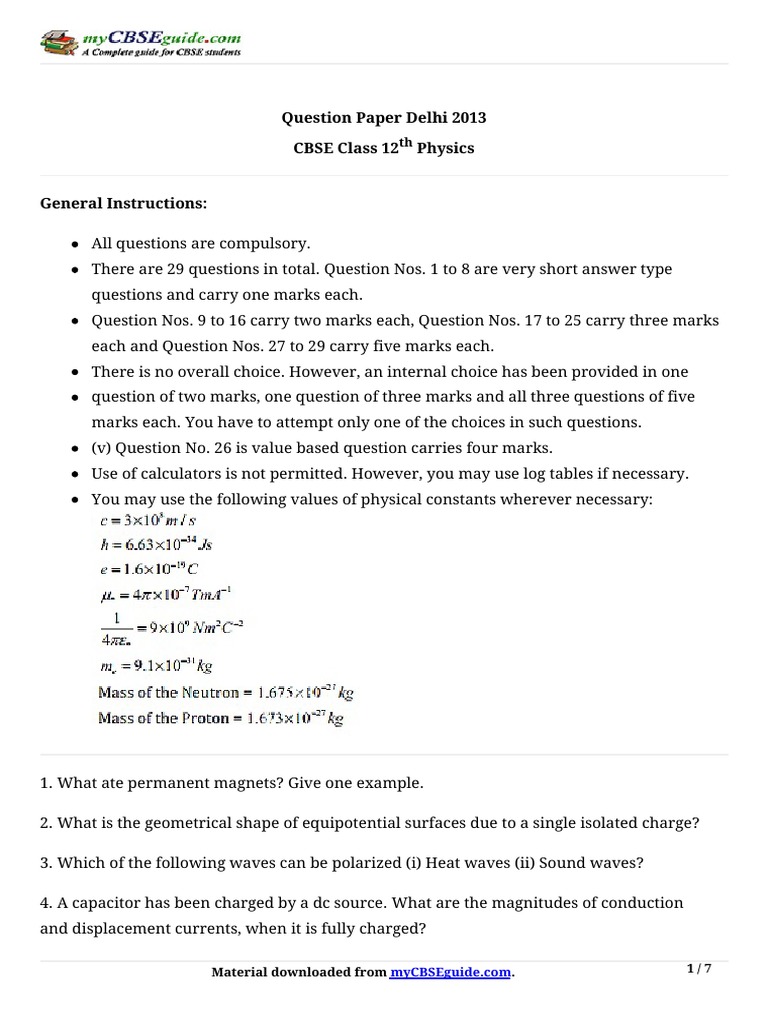 Question Paper Delhi 2013 CBSE Class 12 Physics | PDF | Diffraction | Capacitor