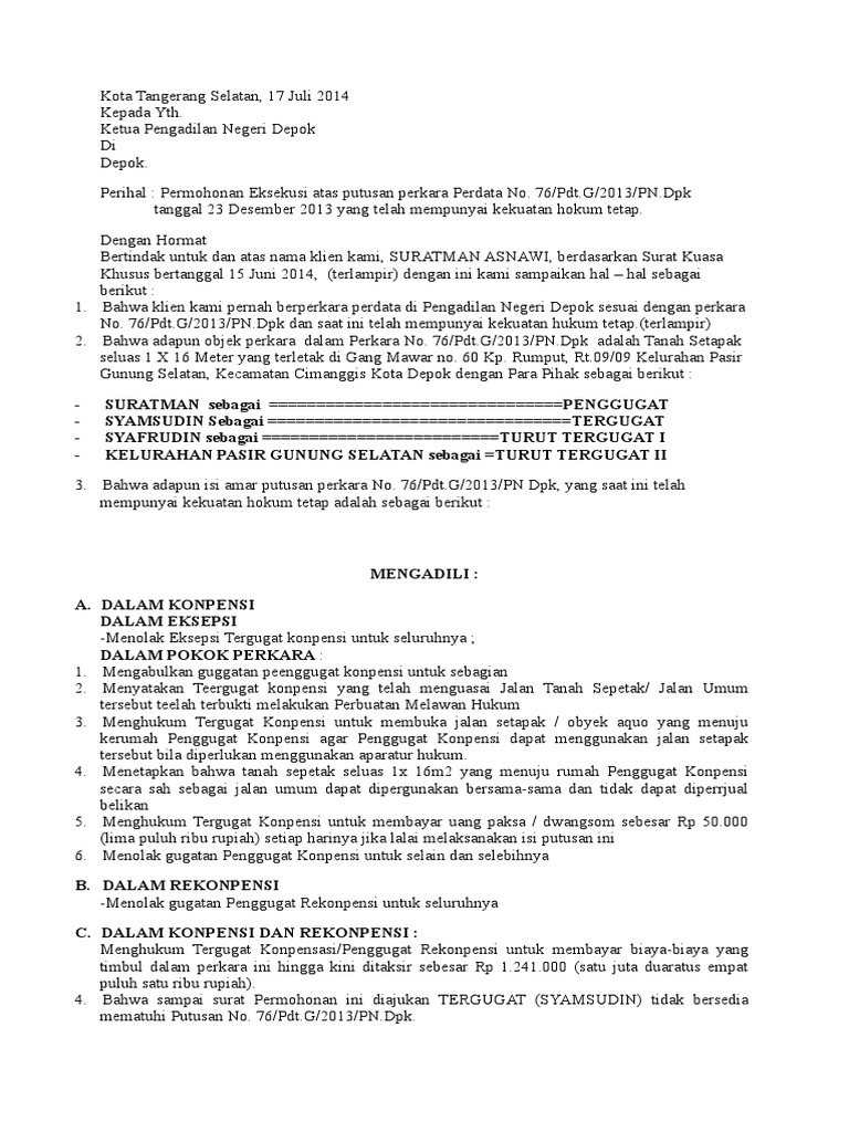 PERMOHONAN EKSEKUSI PUTUSAN PERDATA | PDF