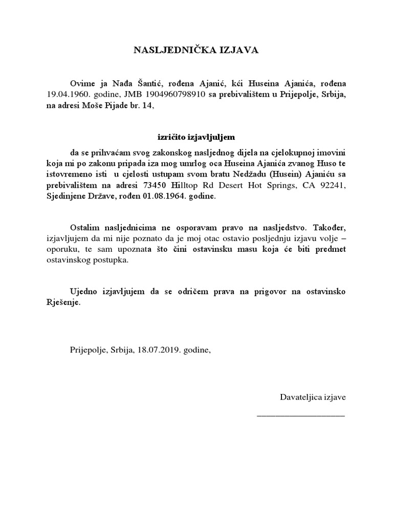 Nasljednička Izjava | PDF