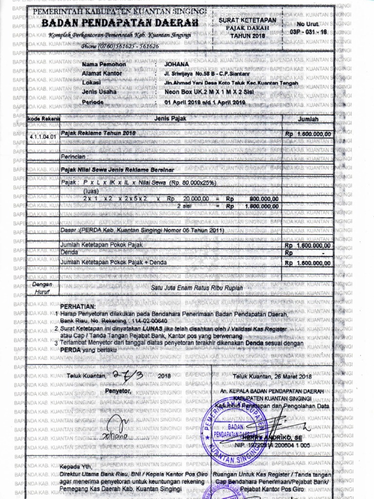 Contoh SKPD / SKRD Kuansing | PDF