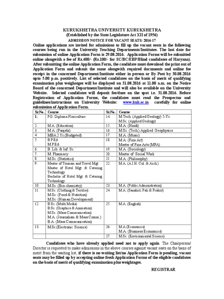 Kurukshetra University Kurukshetra: Admission Notice For Vacant Seats ...