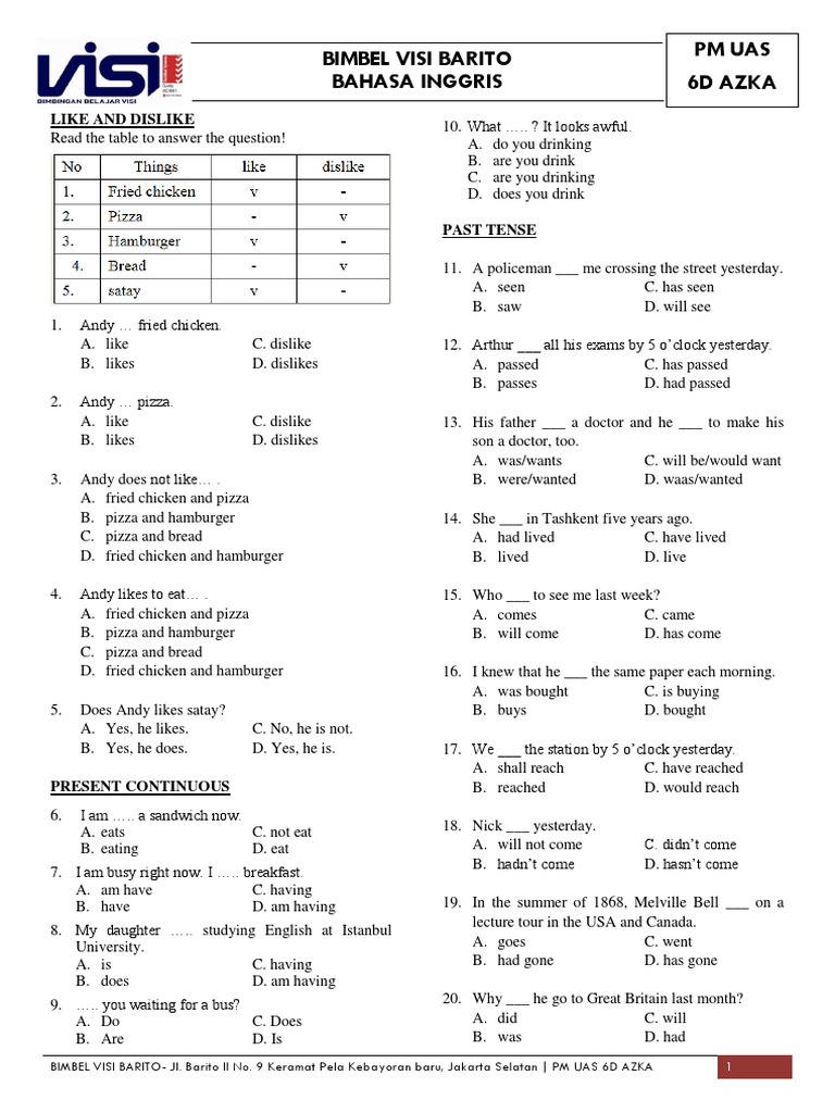 Bimbel Visi Barito Bahasa Inggris PM Uas 6D Azka: Like and Dislike | PDF