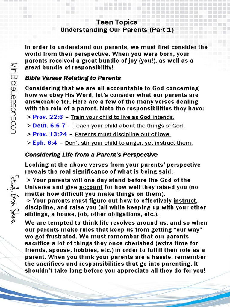Teen Topics: Understanding Our Parents (Part 1) | PDF