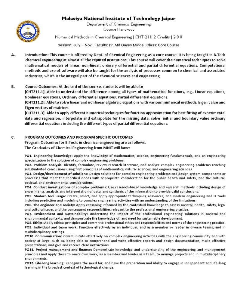 Course Handouts - Numerical Methods in Chemical Engineering - CHT211 - 2019-20 | PDF | Numerical ...