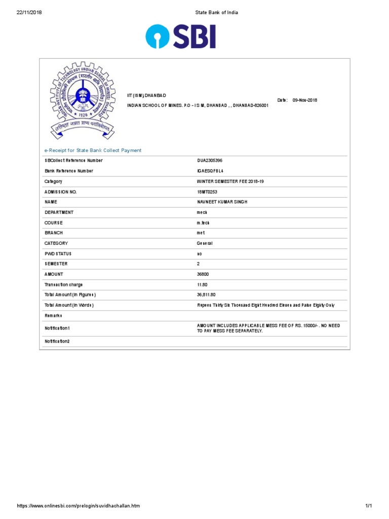 E-Receipt For State Bank Collect Payment | PDF