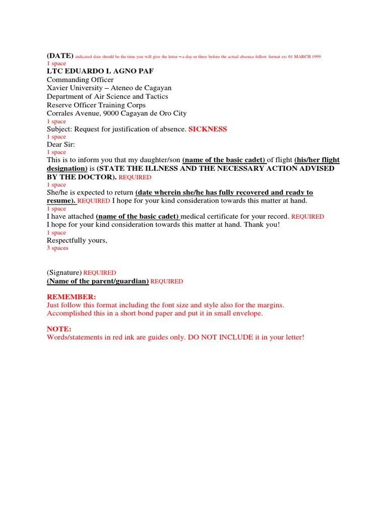 ROTC Excuse Letter Format Guide | PDF | Military | Violence