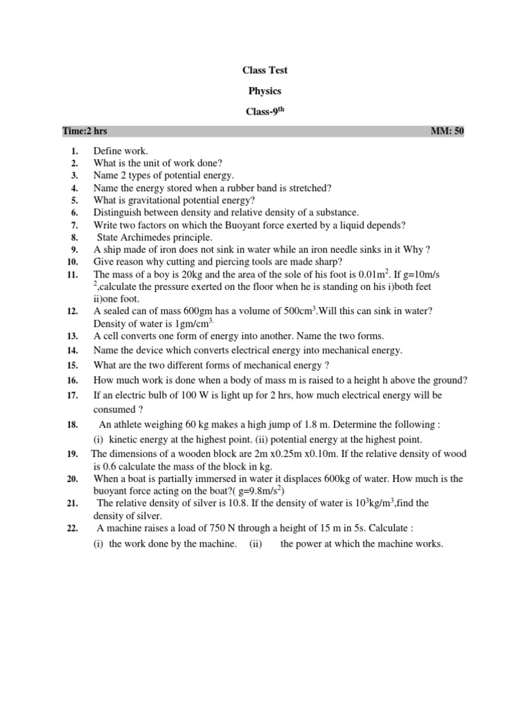Class 9 Physics Test Paper | PDF
