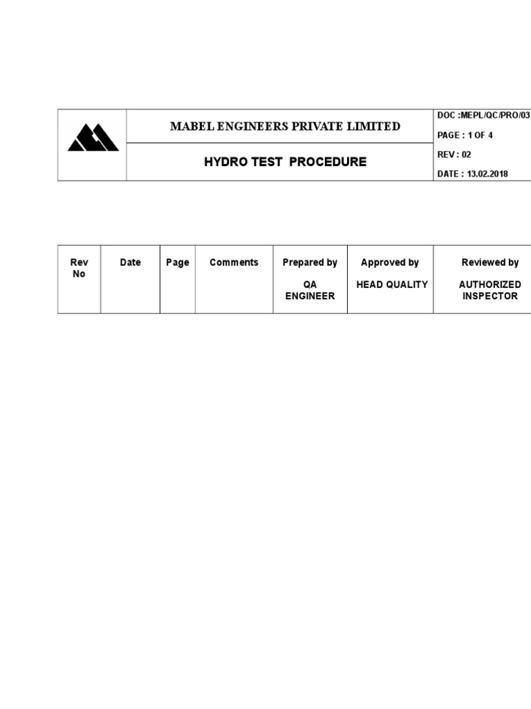 Mabel Engineers Private Limited Hydro Test Procedure | PDF | Leak | Gases