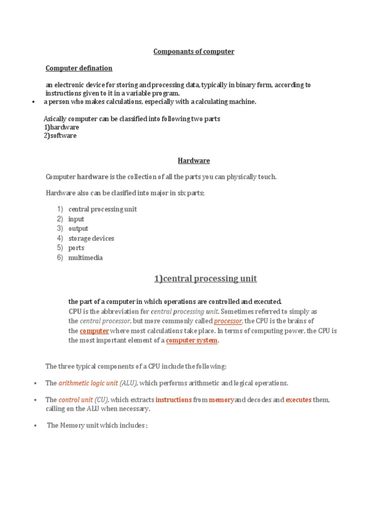 Componants of Computer Computer Defination: 1) Central Processing Unit | PDF | Central ...