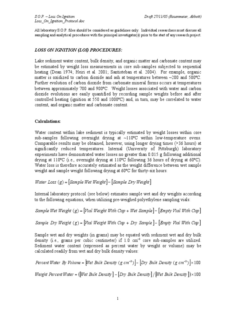Loss on Ignition (LOI) Procedures Guide | PDF | Total Organic Carbon ...