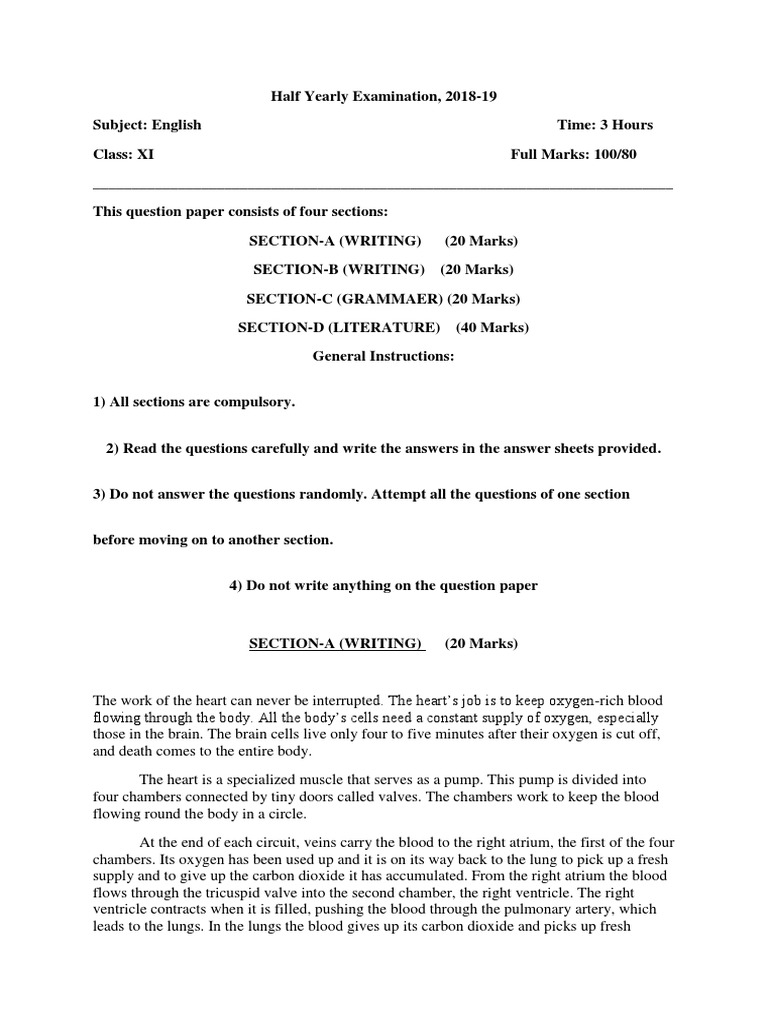 Class Xi Sample Paper | PDF | Atrium (Heart) | Heart