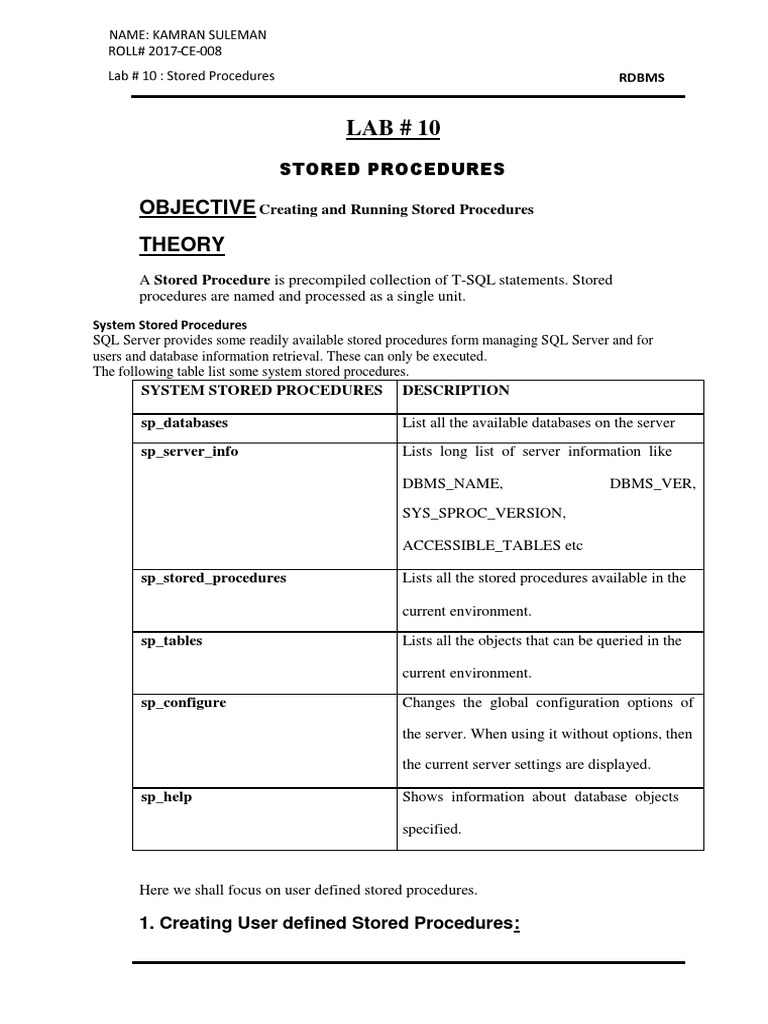 Objective Theory: Stored Procedures | PDF | Parameter (Computer Programming) | Subroutine
