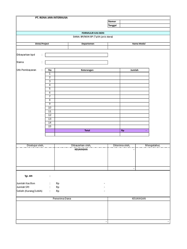 Formulir Kas Bon PT. Rona Jaya | PDF