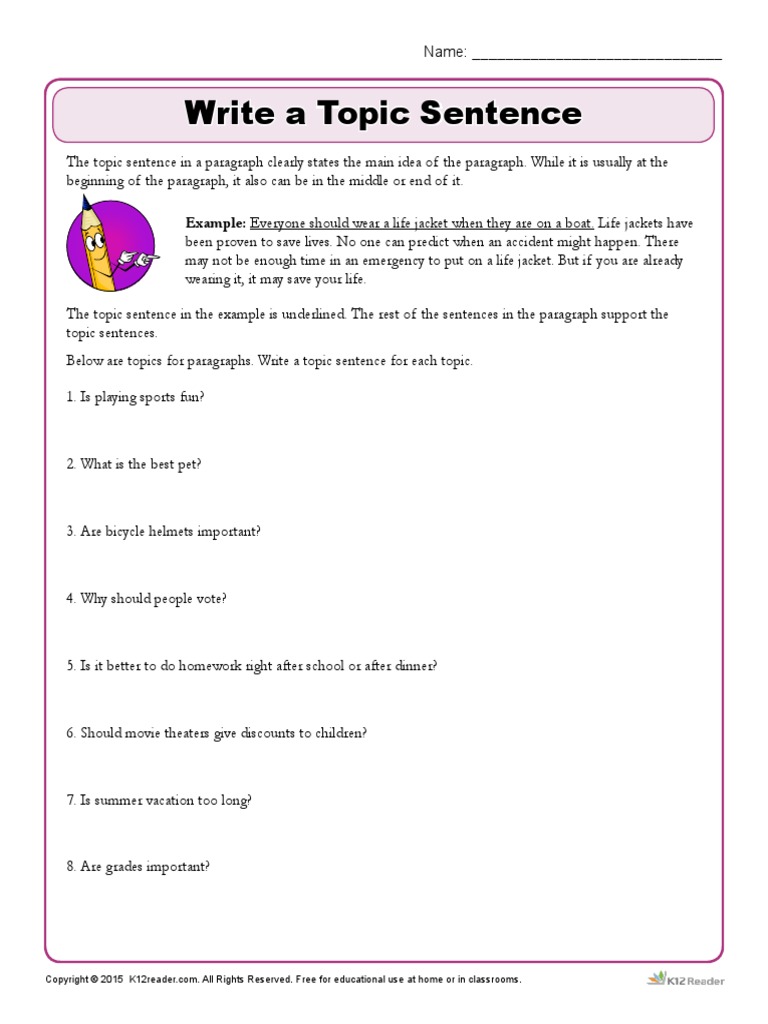 Write A Topic Sentence PDF | PDF | Paragraph | Learning