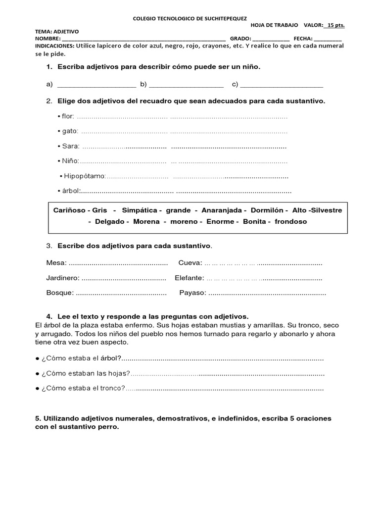 Hoja de Trabajo de Adjetivos | Adjetivo | Tipología Lingüística