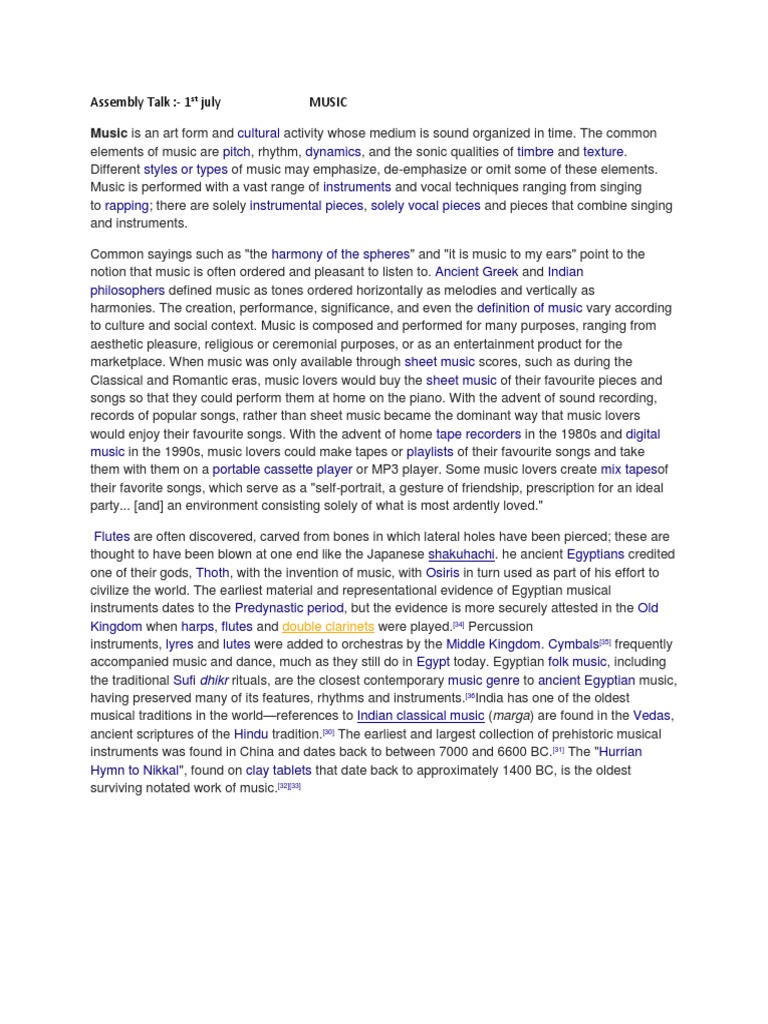 Assembly Talk:-1 July Music: Music Is An Art Form and | PDF | Musical ...