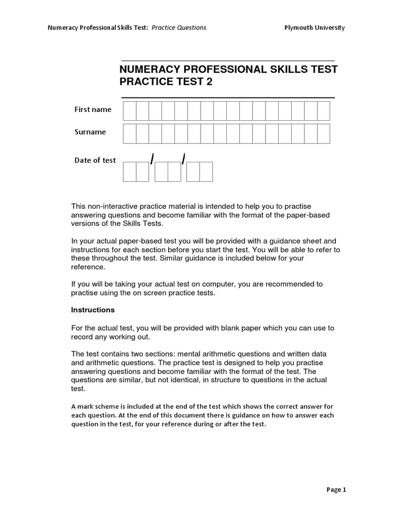 Numeracy Professional Skills Test Practice Test 2: First Name Surname ...