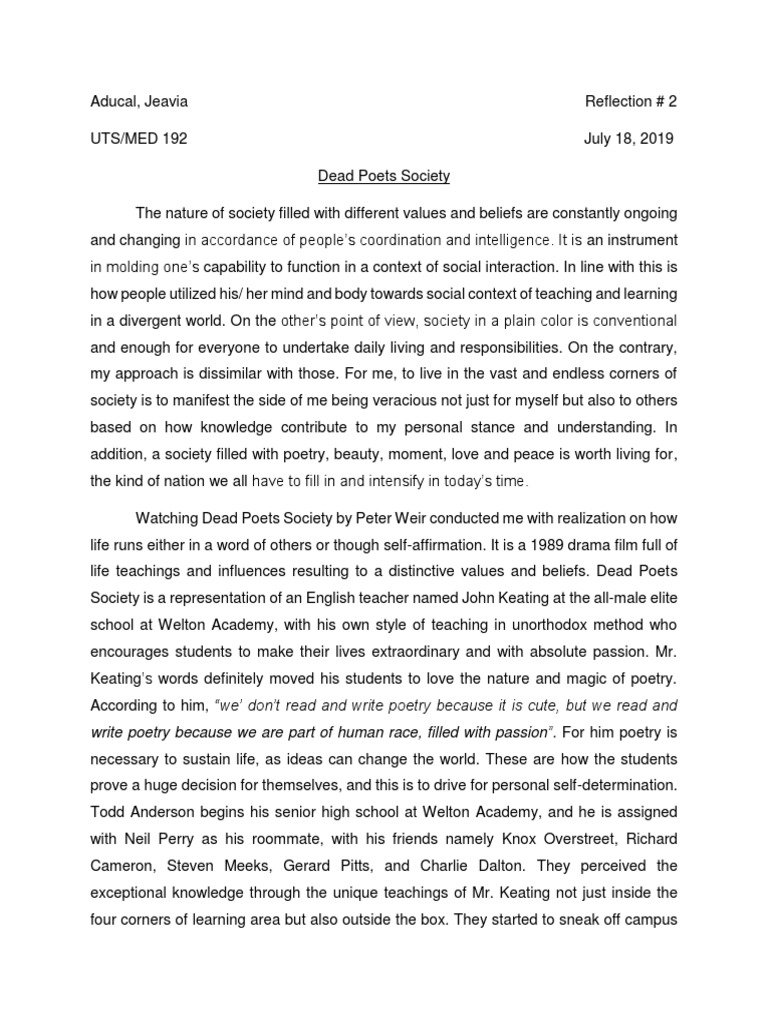 UTS Dead Poets Society Reflection | PDF | Philosophical Theories ...