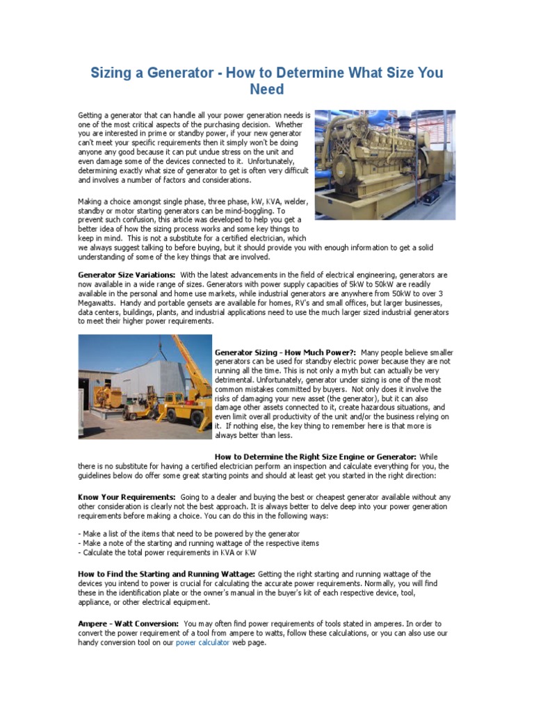 How Much Power Do You Need? Choosing the Right Generator Size | PDF ...