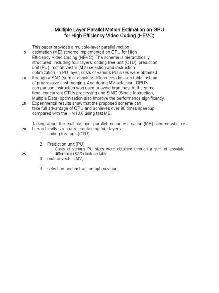 Multiple Layer Parallel Motion Estimation On GPU For High Efficiency Video Coding (HEVC) | PDF
