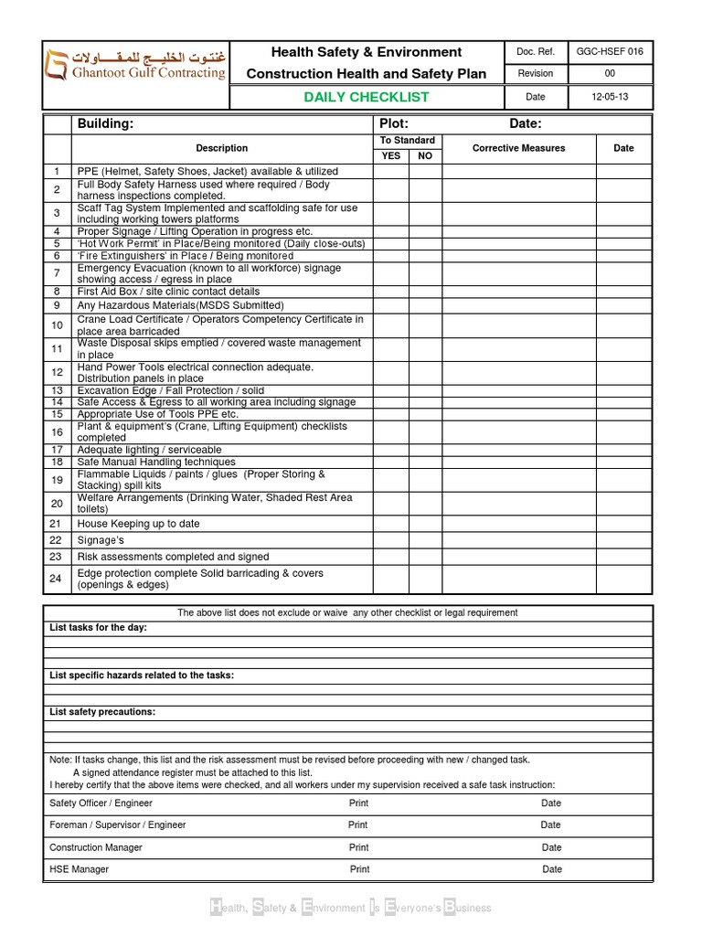 GGC-HSEF 016 Daily Checklist | PDF | Personal Protective Equipment | Safety