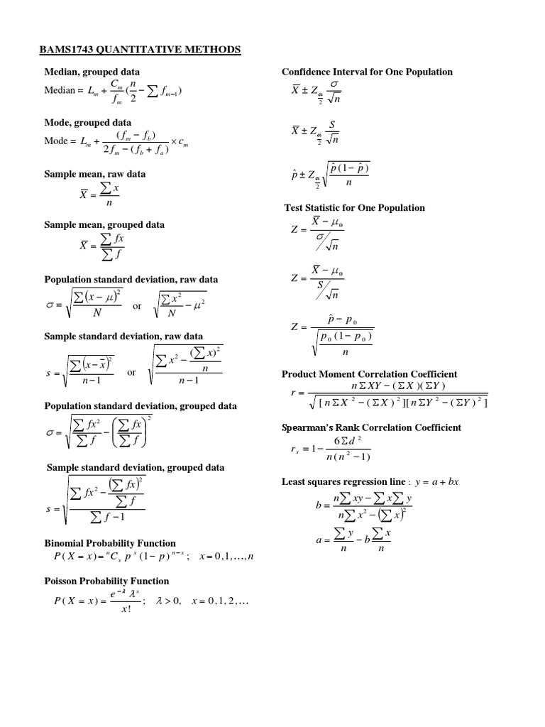 BAMS1743 Formula List | PDF | Correlation And Dependence | Median