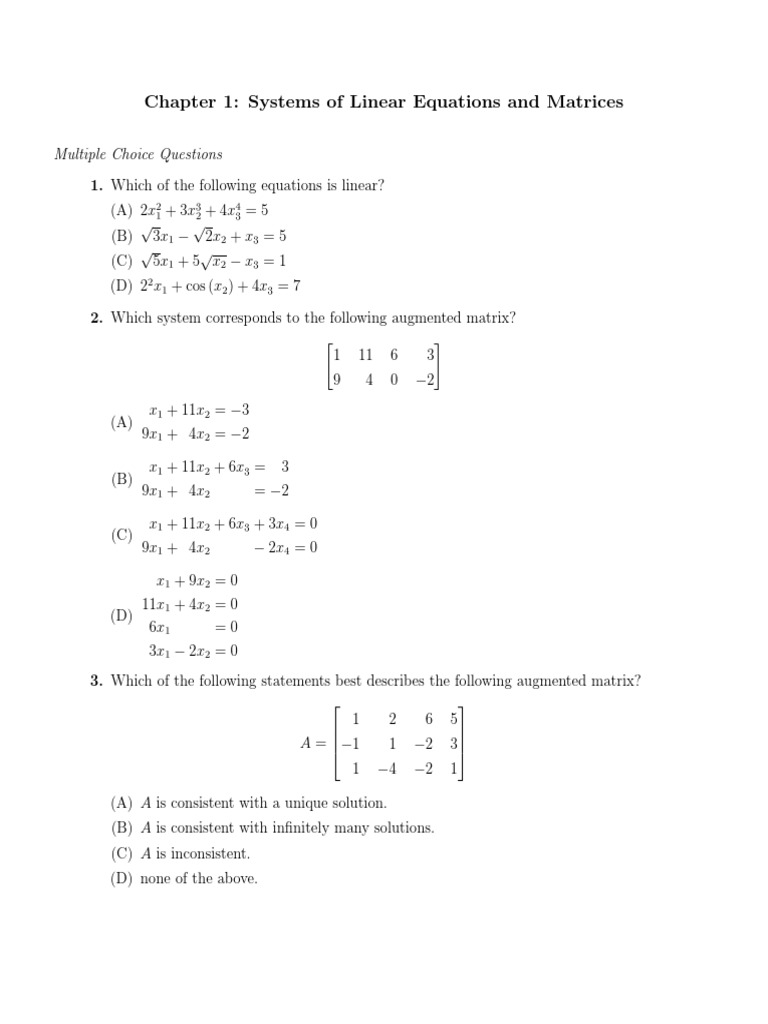 Chapter 1: Systems of Linear Equations and Matrices | PDF | Matrix ...