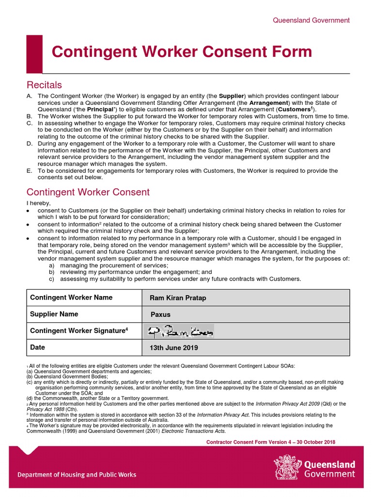 Contingent Workforce-Worker Consent Form v42 | PDF | Criminal Record ...
