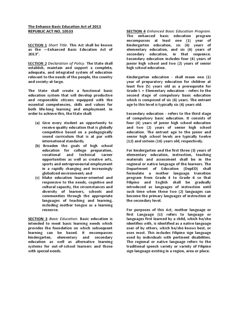 The Enhance Basic Education Act of 2013 Republic Act No. 10533 SECTION ...