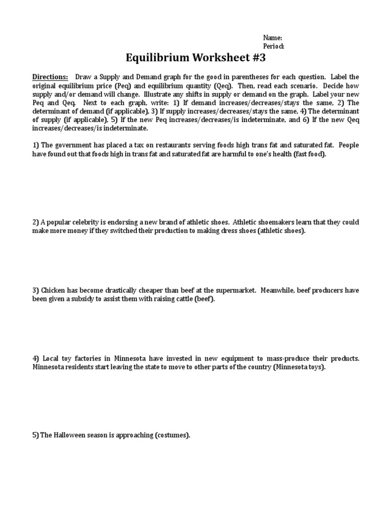 Supply and Demand Equilibrium Worksheet Graphs | PDF | Prices ...
