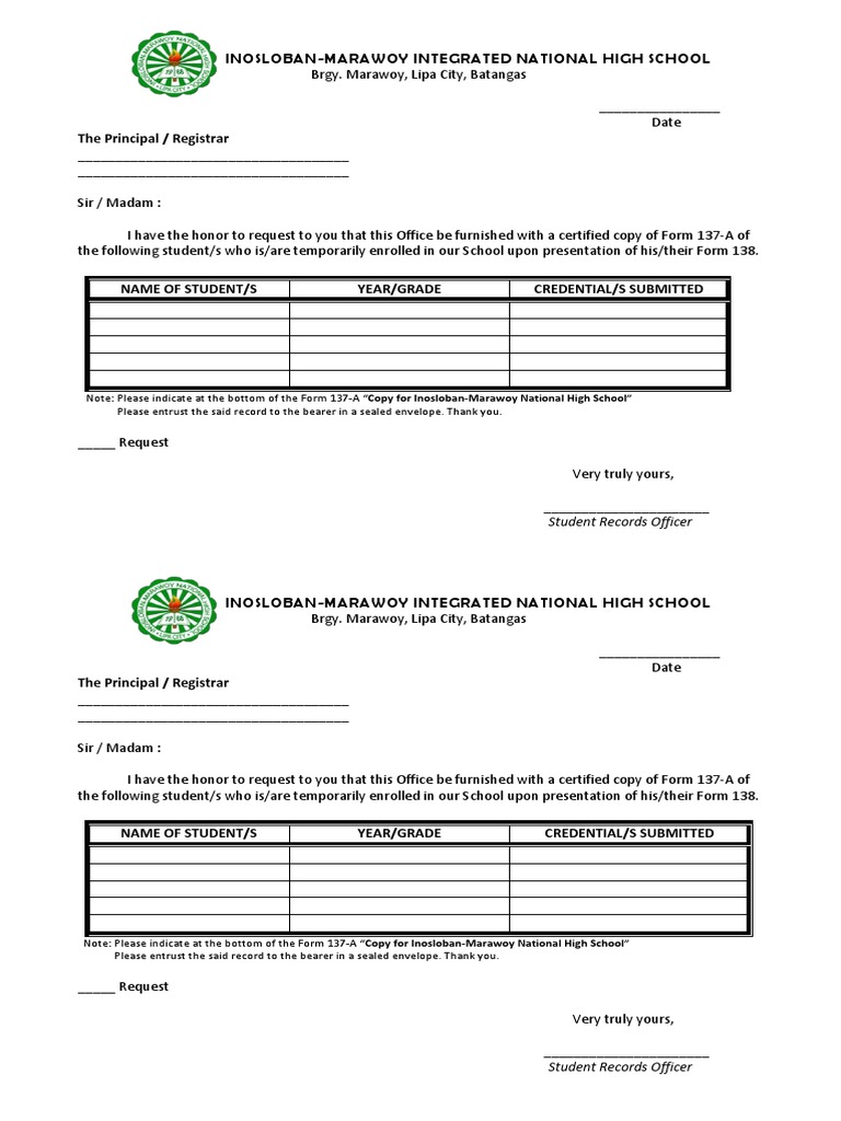 Request for Certified Copies of Student Records to Verify Temporary ...