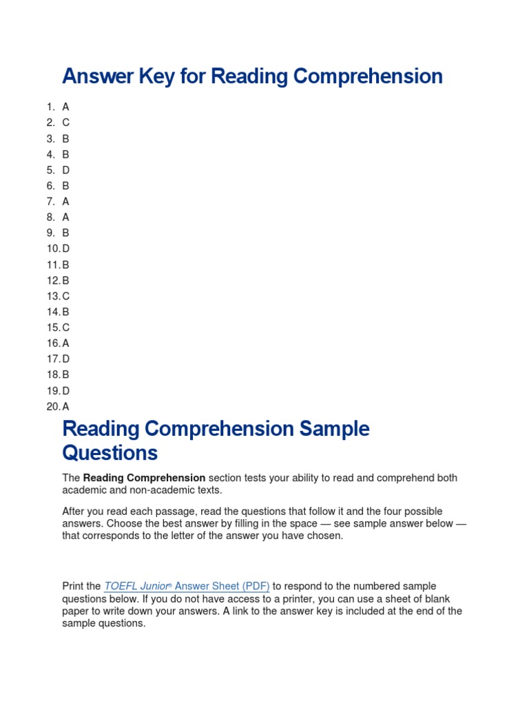Answer Key For Reading Comprehension | PDF | Reading Comprehension