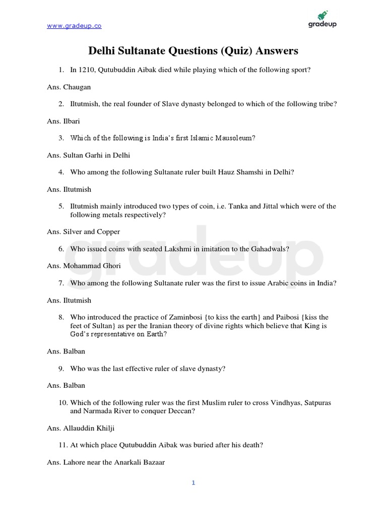 Delhi Sultanate Quiz Questions & Answers | PDF | Politics | History