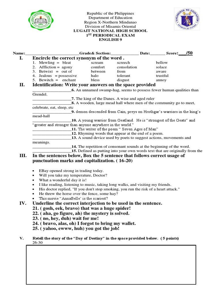First Quarter Exam in English Grade 9 | PDF