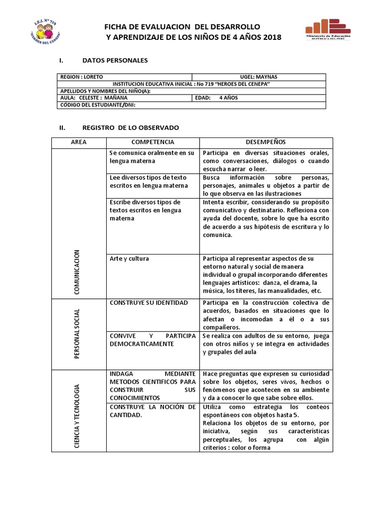Ficha de Evaluación de 4 Años | PDF | Salón de clases | Cognición