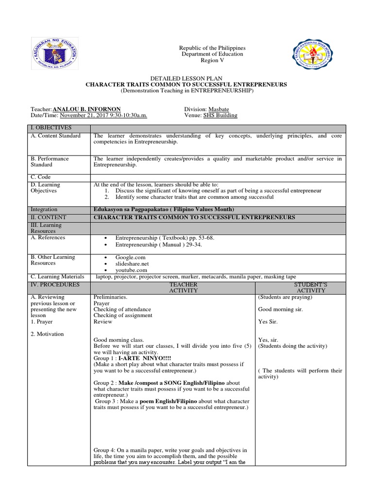 DLP in Entrep | PDF | Entrepreneurship | Teachers